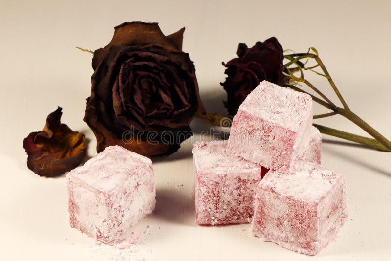 Sweet Turkish Delight Cubes with Old Roses Stock Photo - Image of ...
