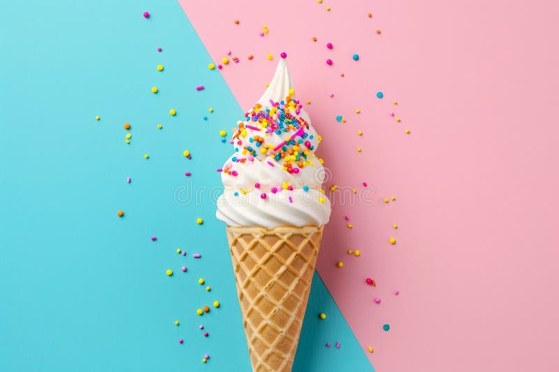 Sweet Vanilla Ice Cream Cone with Rainbow Sprinkles on Brightly Colored ...