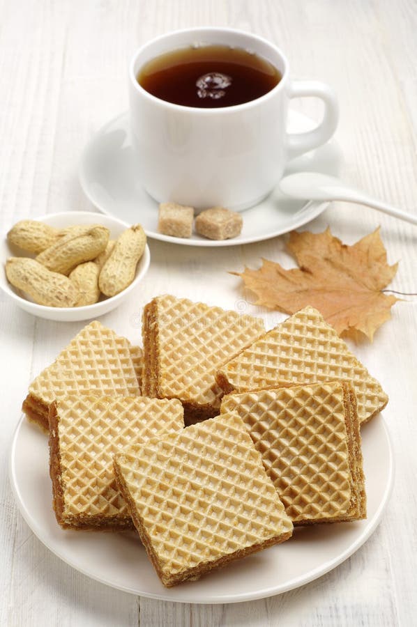 Sweet Waffle and Cup of Tea Stock Photo - Image of dessert, pastry ...