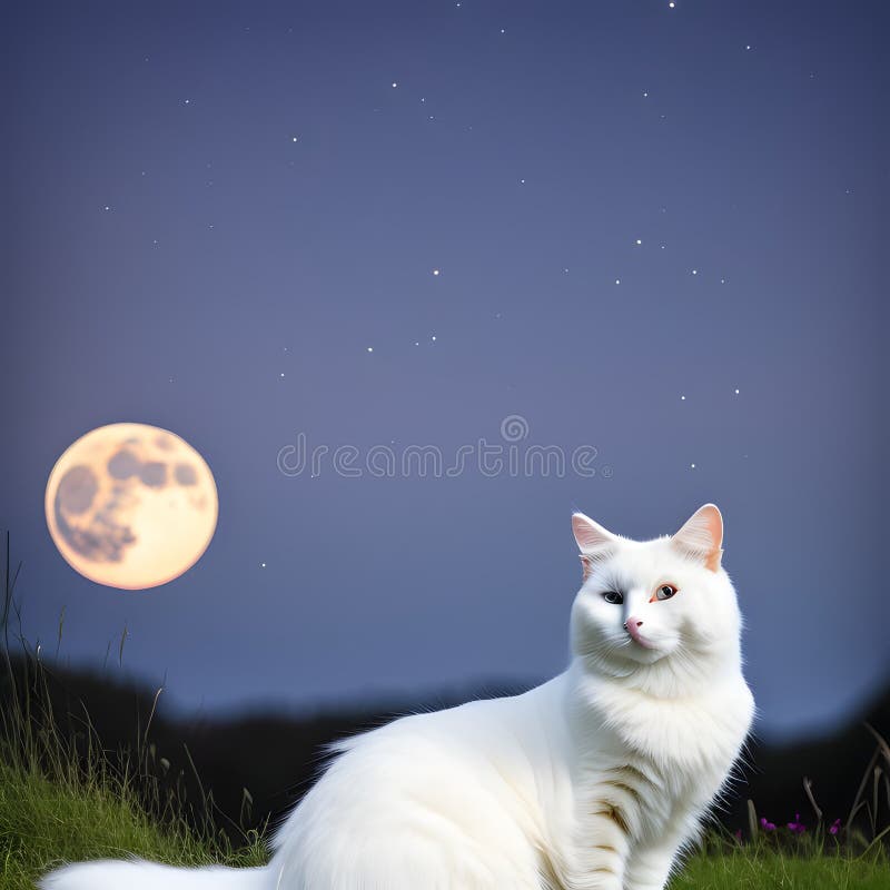 Sweet White Cat in the Moonlight Stock Illustration - Illustration of ...