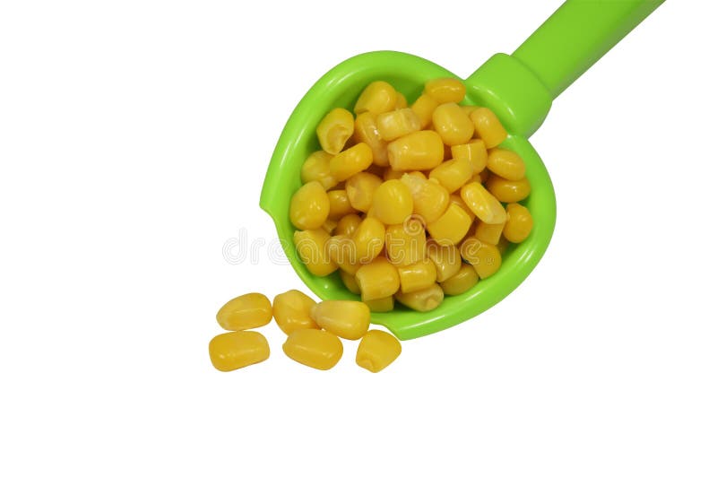 Sweet Yellow Corn in a Green Spoon on a White Back Stock Image - Image ...