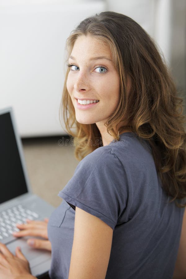 Sweet Young Lady on Couch with Laptop Stock Photo - Image of people ...
