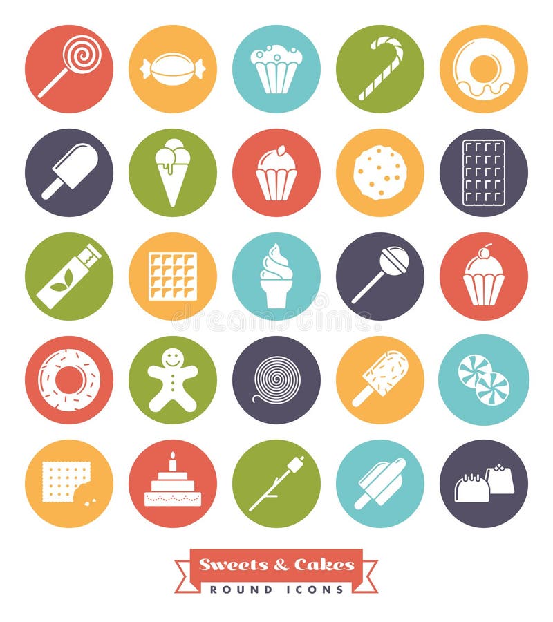 Sweets and Cakes Solid Color Round Icon Set Stock Vector - Illustration ...