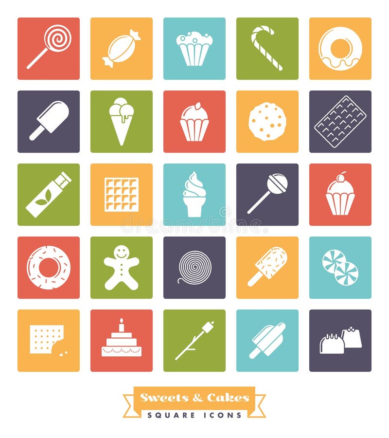 Sweets and Cakes Solid Color Square Icon Set Stock Vector ...