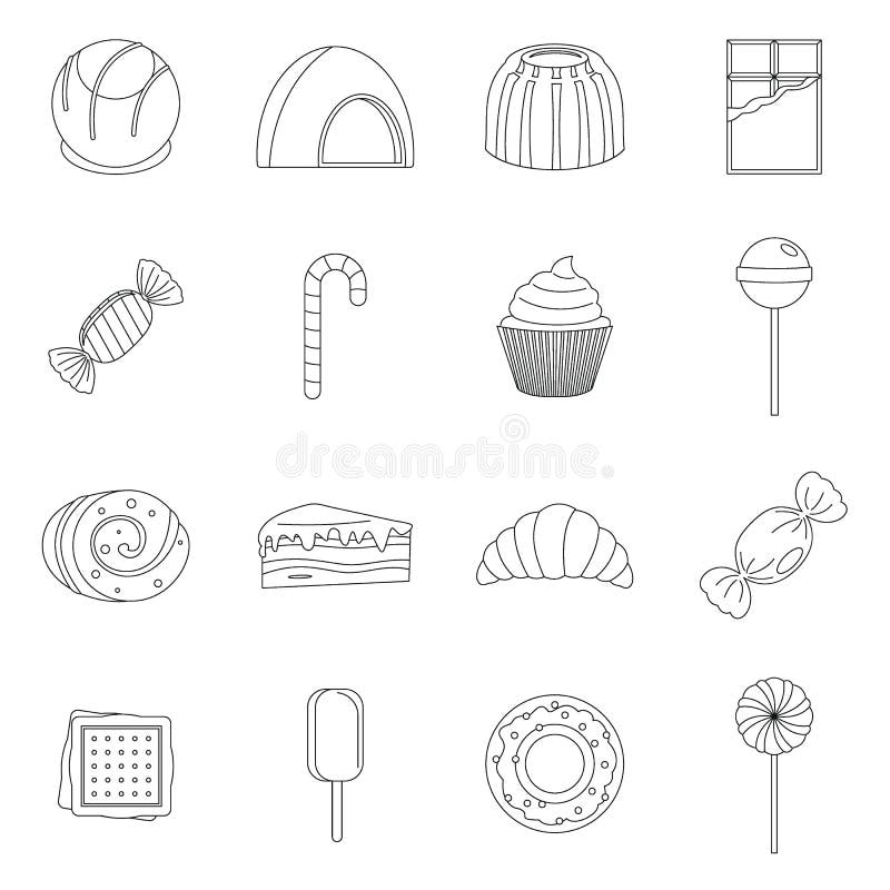 Sweets and Candies Icons Set, Outline Style Stock Vector - Illustration ...