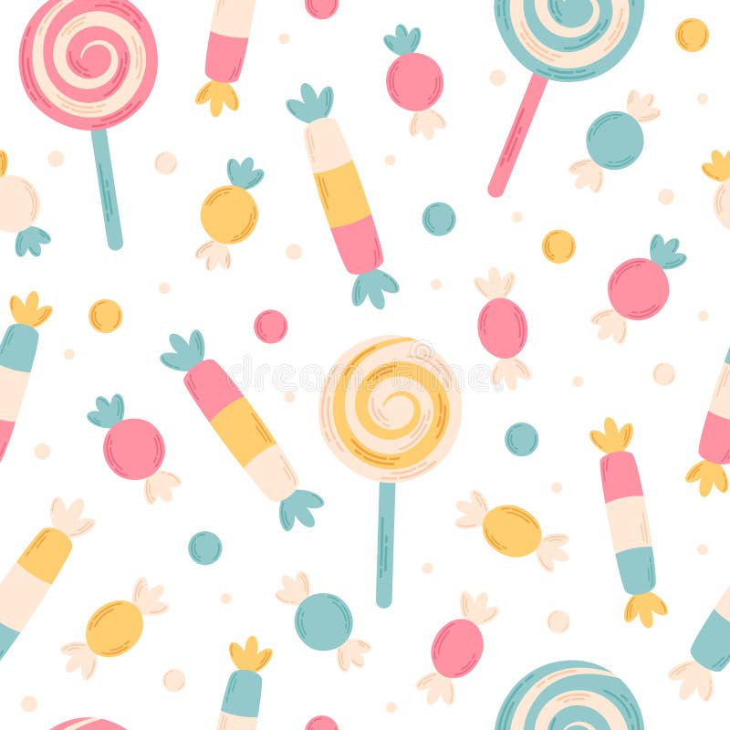 Sweets and Candies Seamless Pattern. Confectionery. Flat, Hand Drawn ...