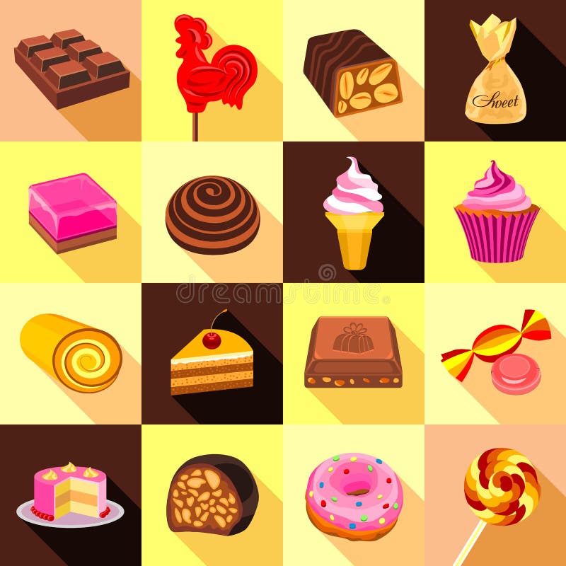 Sweets, Chocolate and Cakes Icons Set, Flat Style Stock Vector ...