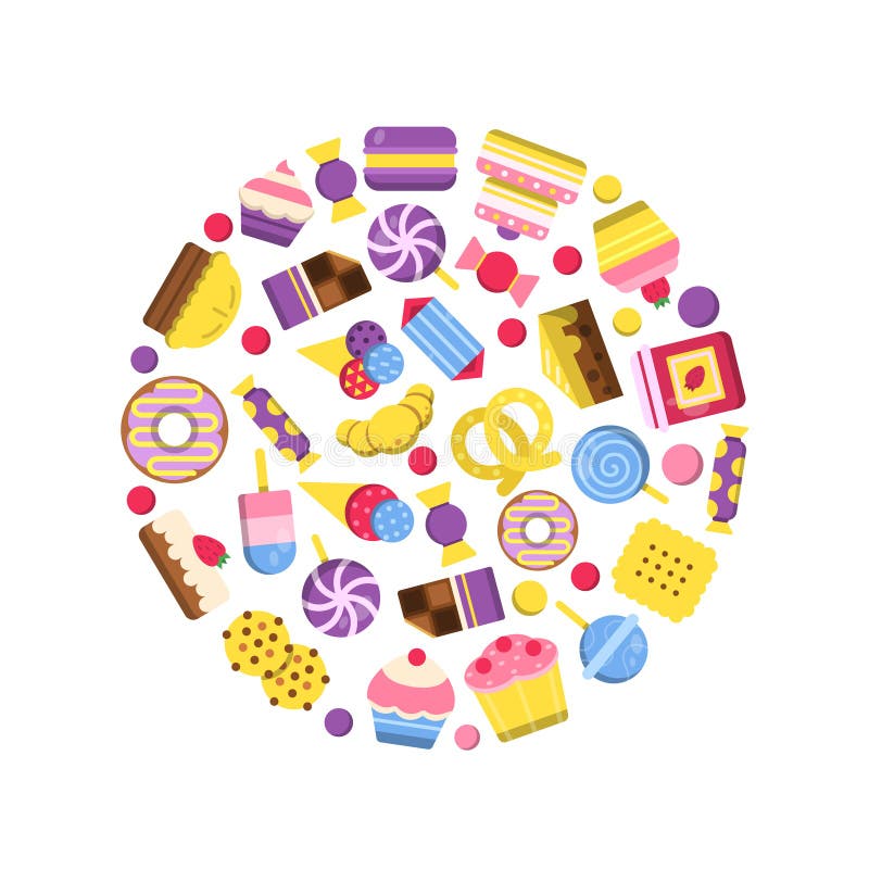 Sweets Circle. Delicious Food Cakes Lollipop Sweets Illustrations ...