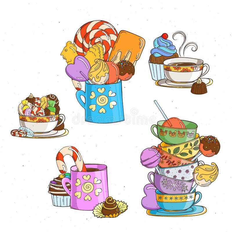 Sweets in Cups with Different Candies and Cookies. Stock Vector ...