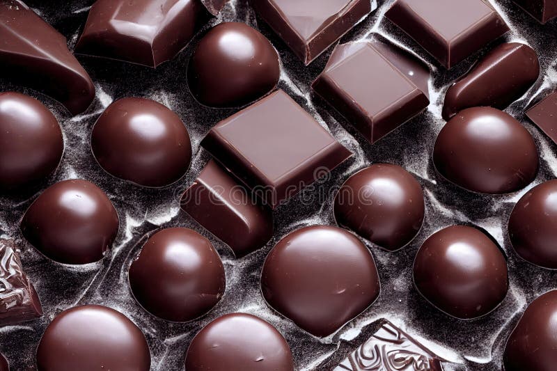 Sweets from Dark Glossy Chocolate in Form of Hemisphere with Pieces of ...