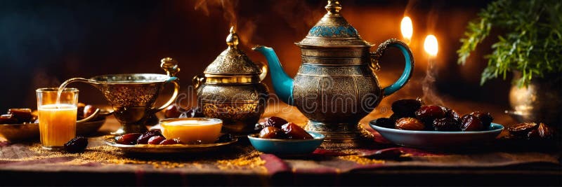 Sweets Dates and Tea for Ramadan. Selective Focus Stock Photo - Image ...