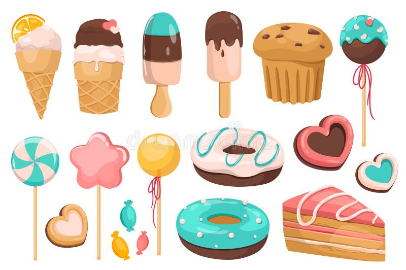 Sweets and Dessert Set Graphic Elements in Flat Design. Stock Vector ...