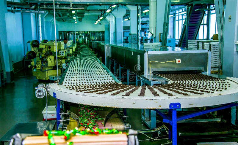 Sweets Factory. Sweets Production Process. Conveyor Belt with Sweets on ...
