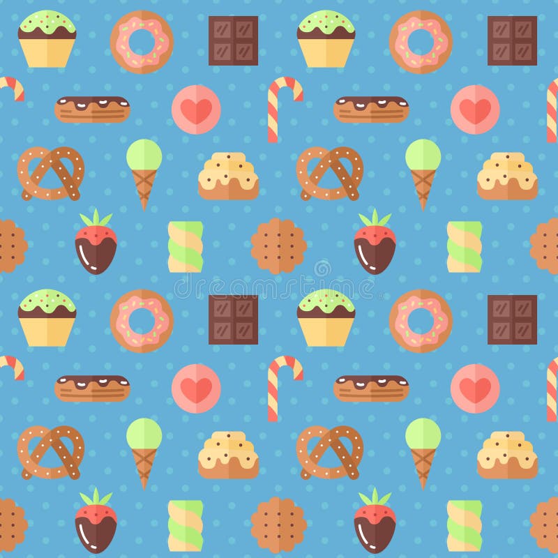 Sweets Flat Multicolored Cute Vector Seamless Pattern (blue ...