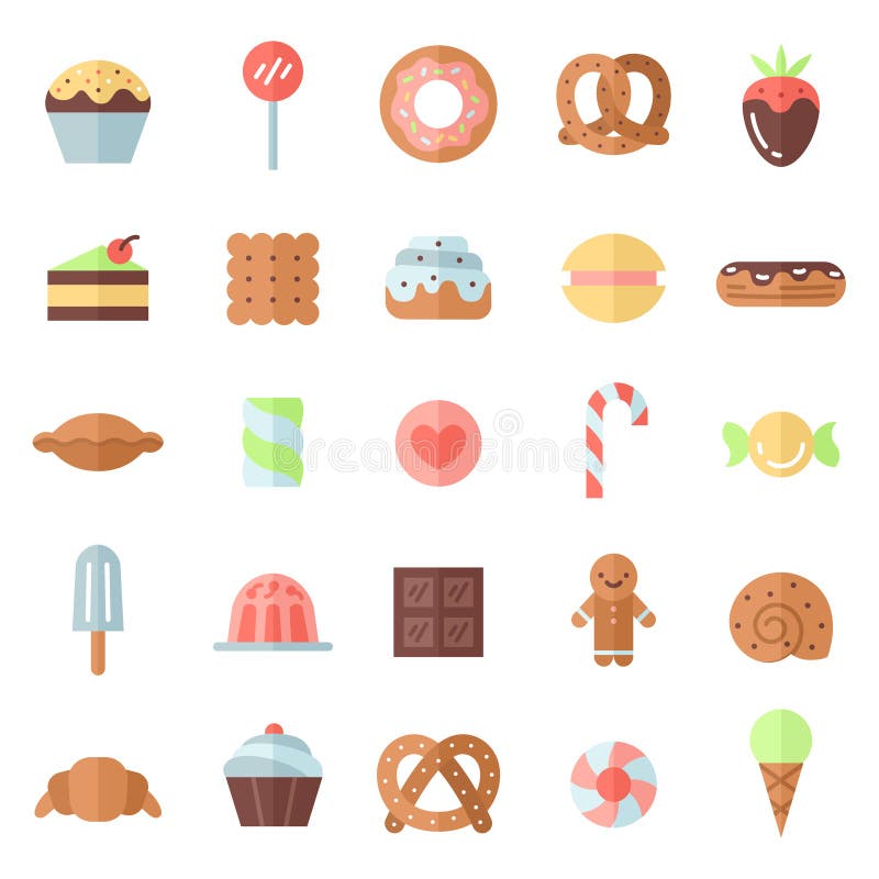 Sweets Flat Multicolored Icons Vector Set. Minimalistic Design. Stock ...