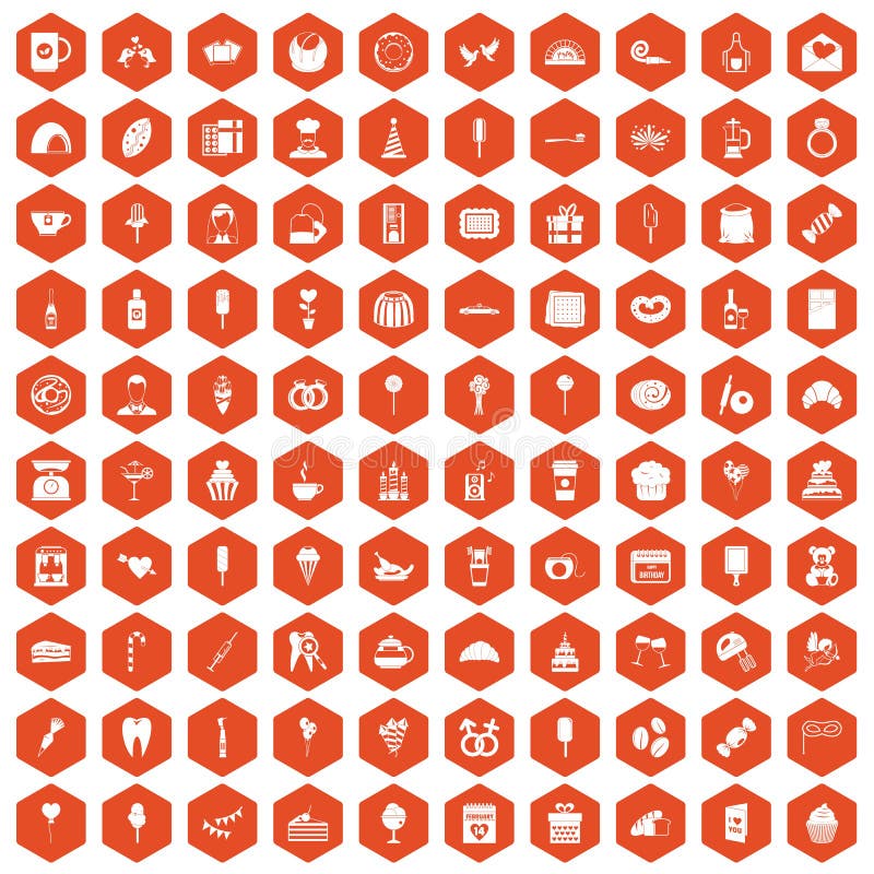 100 Sweets Icons Hexagon Orange Stock Vector - Illustration of brush ...