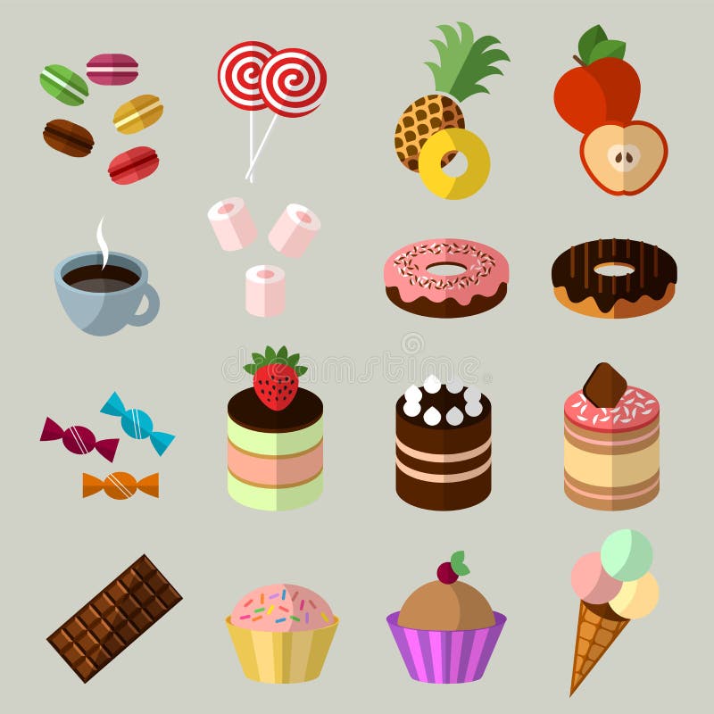Sweets Icons Set in Flat Style Stock Vector - Illustration of chocolate ...