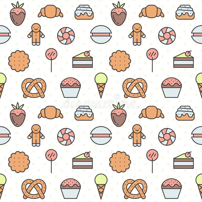 Sweets Outline Multicolored Cute Vector Seamless Pattern. Minimalistic ...