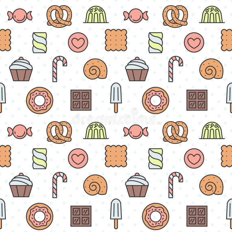 Sweets Outline Multicolored Cute Vector Seamless Pattern. Minimalistic ...