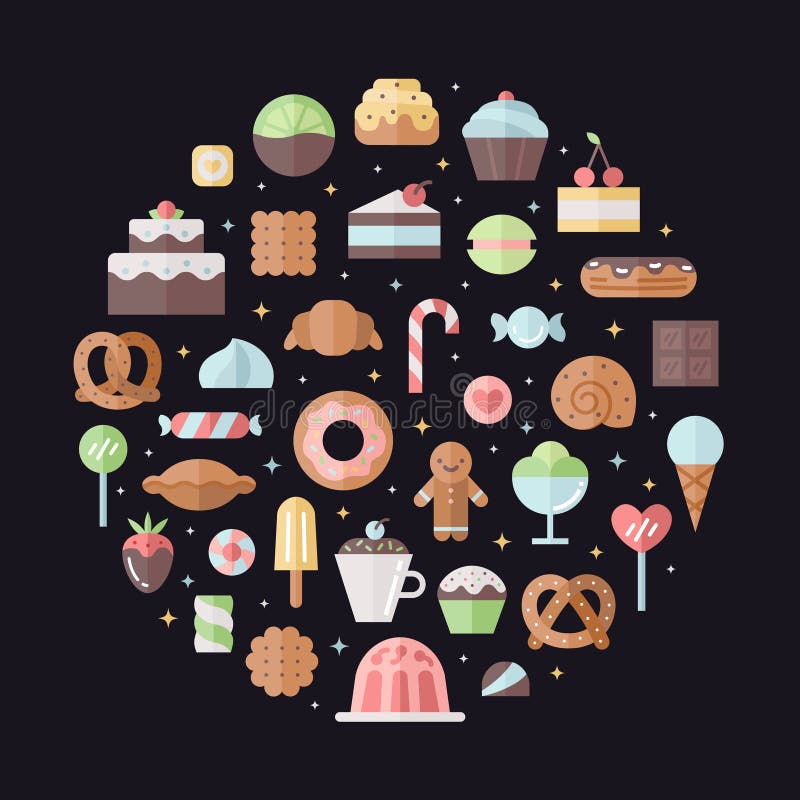 Sweets and Pastries Flat Circle Vector Illustration. Stock Vector ...