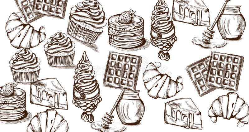 Sweets Pattern Vector Line Art Style. Ice Cream, Croissant, Pancakes ...