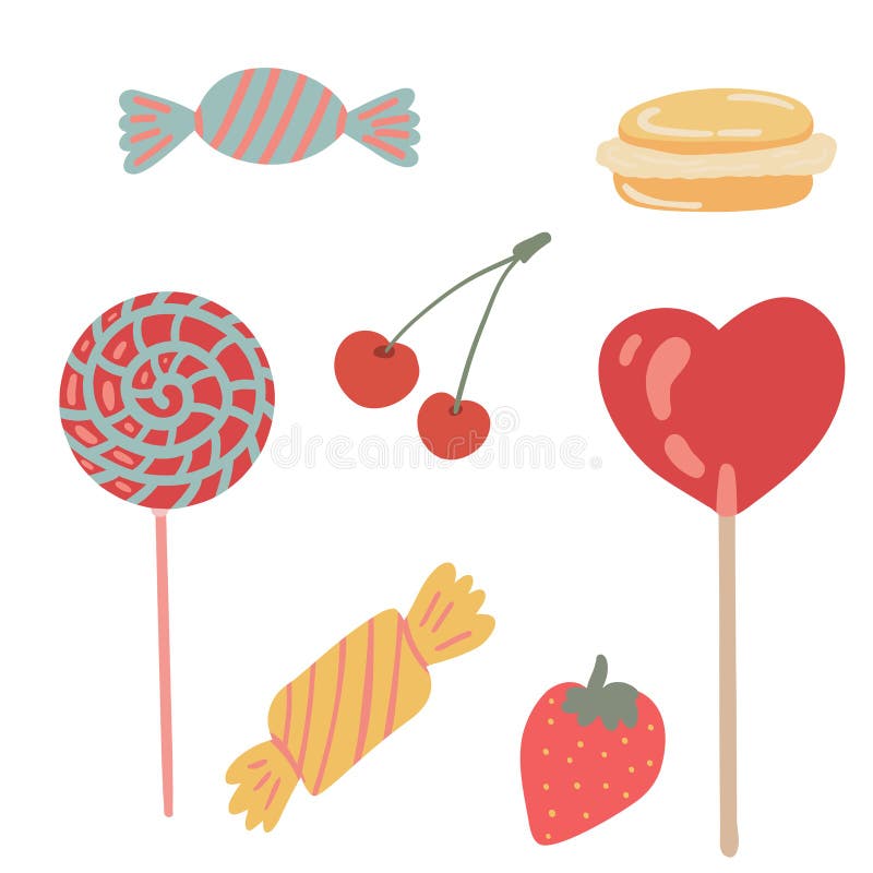 Sweets Set Happy Day Flat Design Candies Macaroons Cherry Stock Vector ...