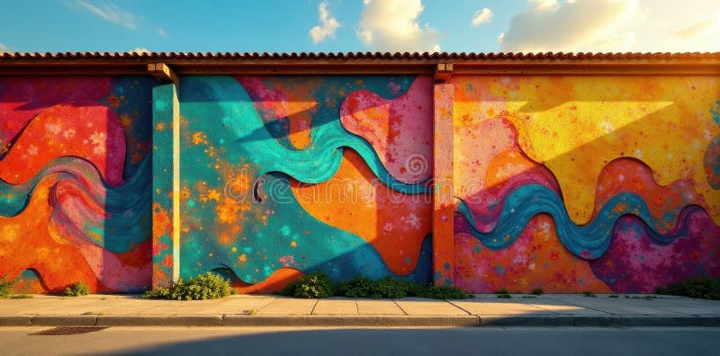 Swept Facade, Vibrant Murals, Golden Hour Light, Graphic, Bright Stock ...