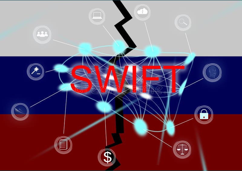 SWIFT Financial System Logo on Screen Behind Barbed Wire on Background ... SWIFT Financial System Logo on Screen Behind Barbed Wire on Background ...