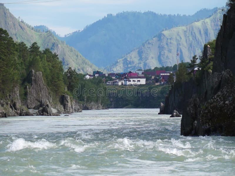 Swift Water Flow in Small Mountain River, Trees Along the River Bank ...