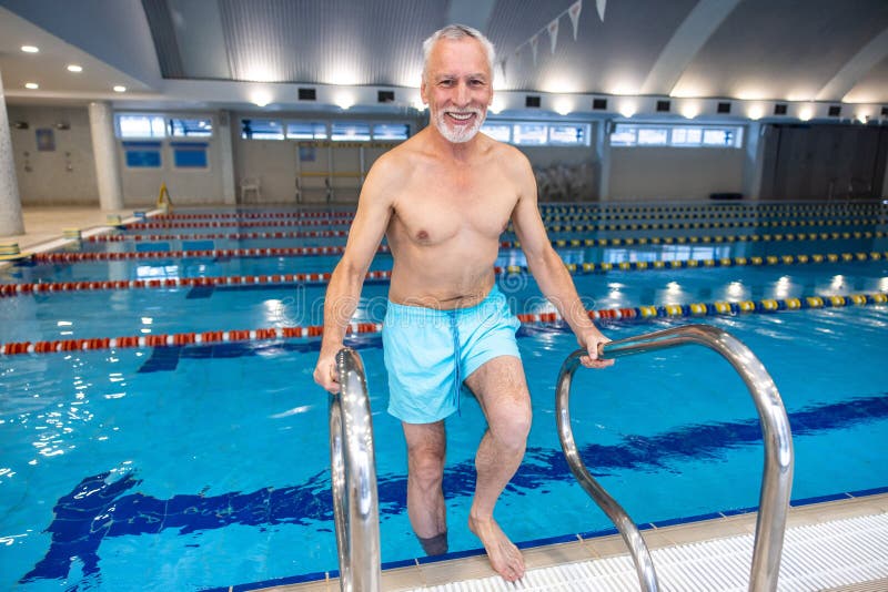 Bearded Gray-haired Man Getting Out of the Swimming Pool Stock Image ...