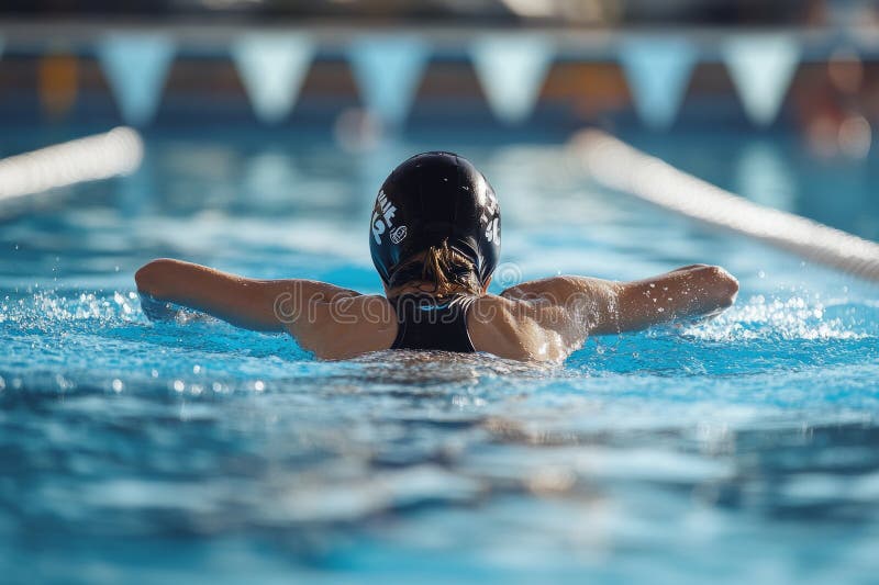 A Swimmer Glides through the Clear Water in a Competitive Pool. Focus ...