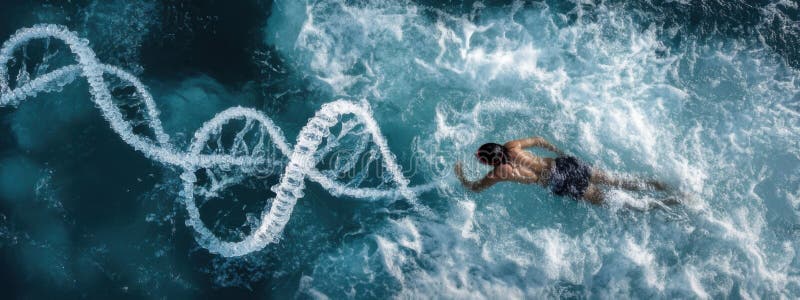 Swimmer Navigating Ocean Waves while a DNA Helix Emerges from the Water ...