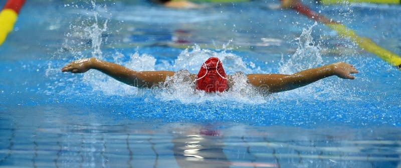 Swimmer in a outdoor pool stock image. Image of training - 177166319