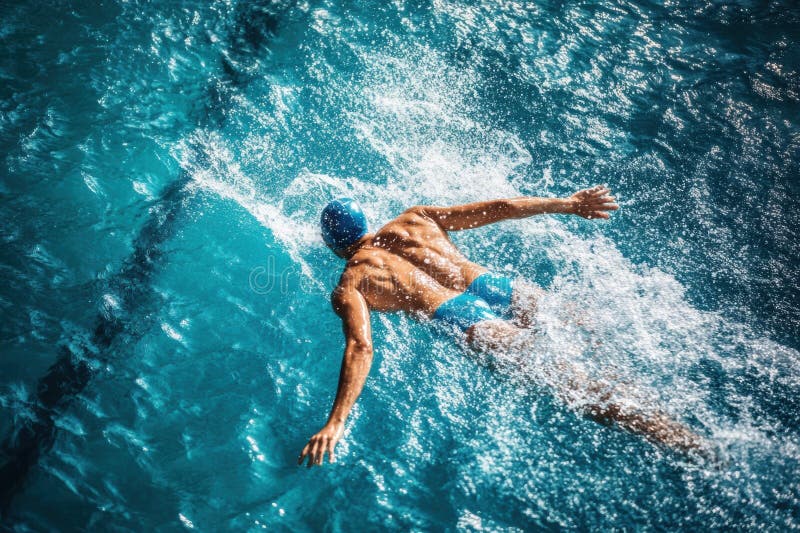 Swimmer Gliding through a Pool, Creating Splashes in Vibrant Blue Green ...