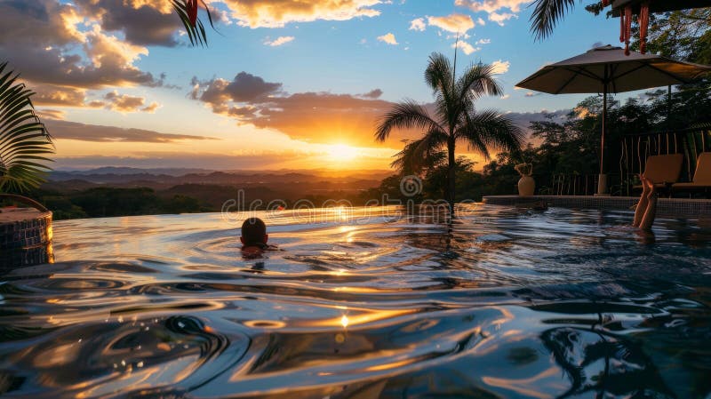 Swimmer S View Enchanting Sunset Over Infinity Pool Surrounded by Palm ...
