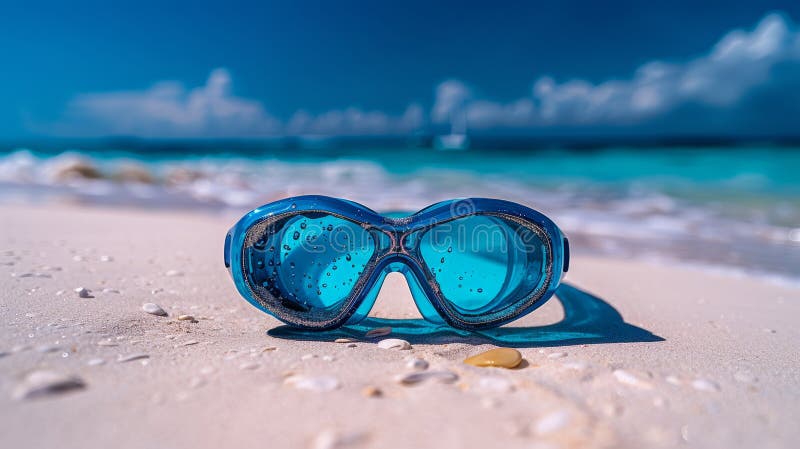 Swimming Goggles Resting on a Sandy Beach Near the Ocean. Stock Photo ...