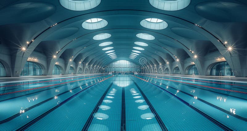 Swimming Pool with Blue Water and Ceiling with Round Windows Stock ...