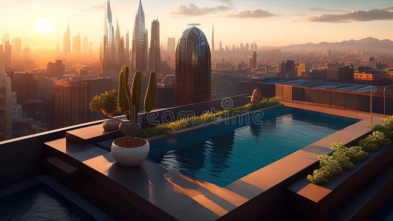 Swimming Pool in the City at Sunset. 3D Rendering Stock Illustration ...