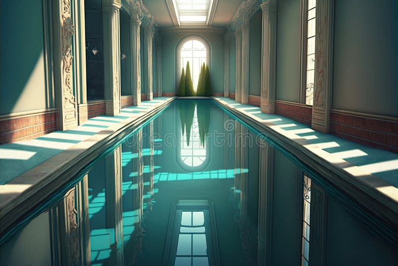 Swimming Pool in Cottage. Large Windows Stock Illustration ...