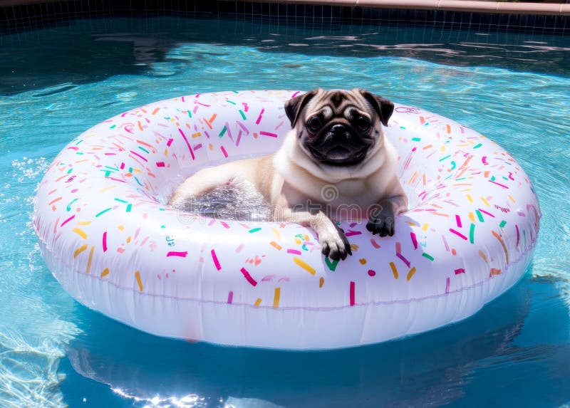 In the Swimming Pool, a Cute Pug Dog is Supported by a Pink Donut ...