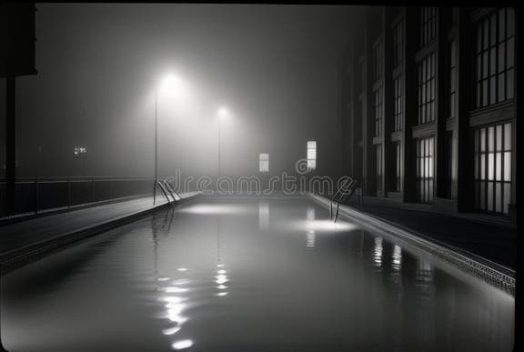 Swimming Pool in the Fog at Night. 3D Rendering Stock Illustration ...