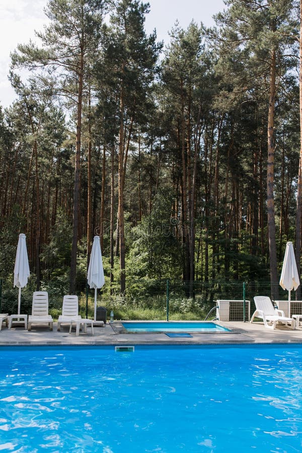 Swimming Pool in the Forest with Umbrellas in Summer Stock Photo ...