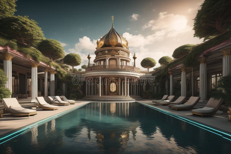 Swimming Pool in Front of the Ancient Temple. Generative Ai Stock ...
