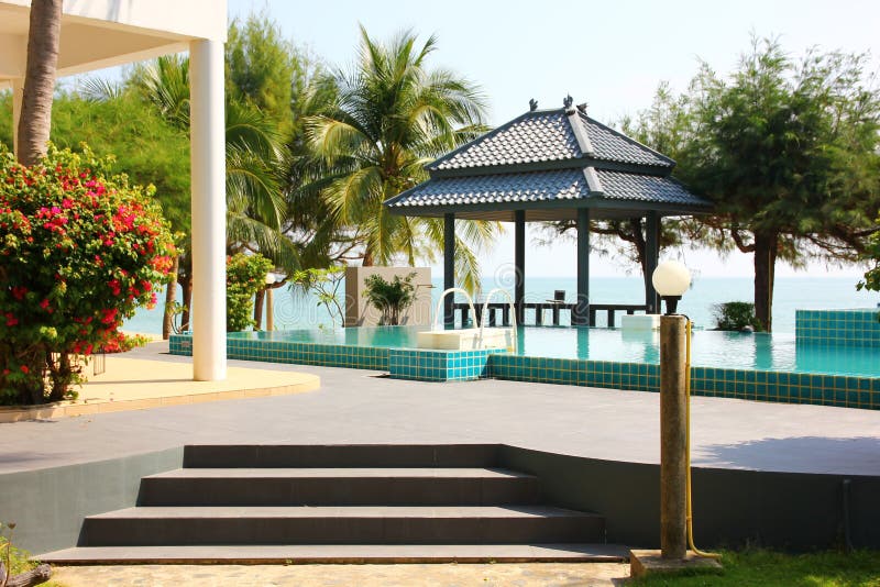 The Swimming Pool in Front of Beach and Sea Blue Sky White Cloud Stock ...