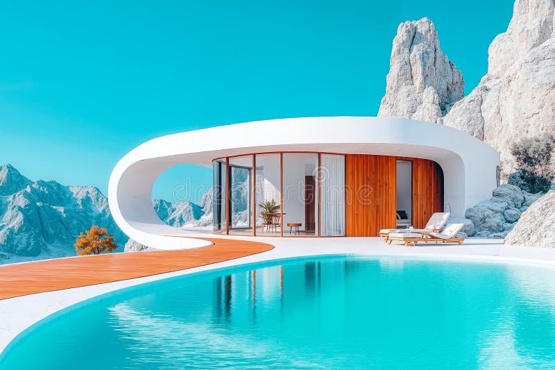 A Swimming Pool in Front of a House with a Mountain in the Background ...