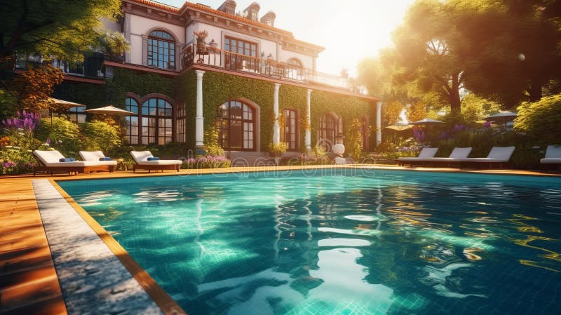 Swimming Pool in the Garden with Sun Flare. 3d Rendering Stock ...