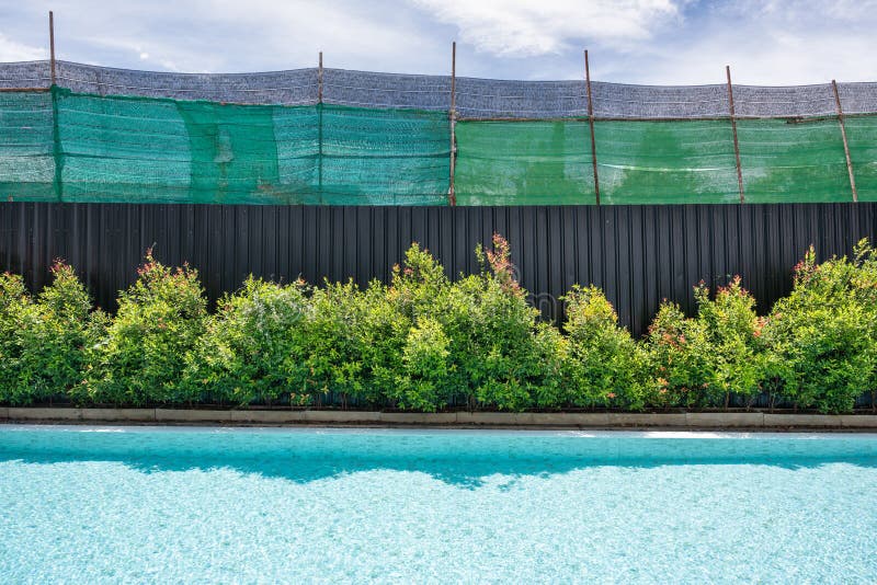 Swimming Pool with the Garden Tree by Metal Wall Stock Photo - Image of ...