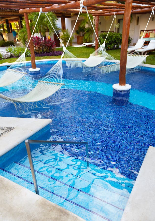 Swimming pool and hammock. stock photo. Image of nature - 89820890