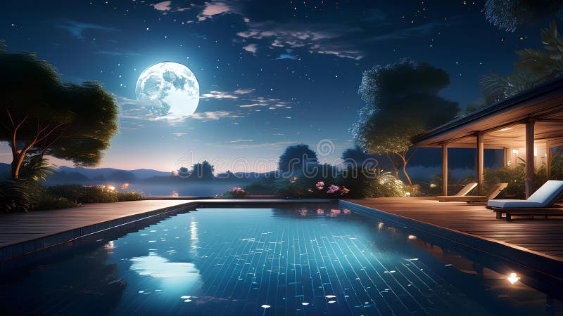 Moonlight Reflecting on the Water of a Hotel Swimming Pool. a Pool ...