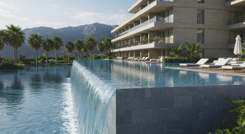 Swimming Pool with Infinity Waterfall and Tropical Landscape Stock ...